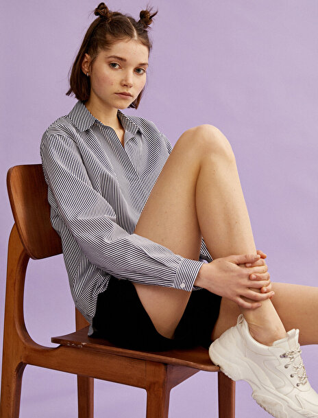 Koton Ole Genç Kız Gömlek Yaka Bluz Pamuklu Uzun Kollu Çizgili