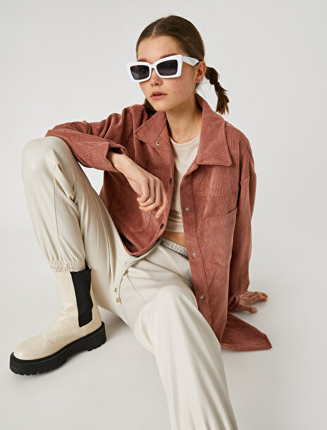 Koton Kadın Fitilli Kadife Cepli Gömlek Oversize