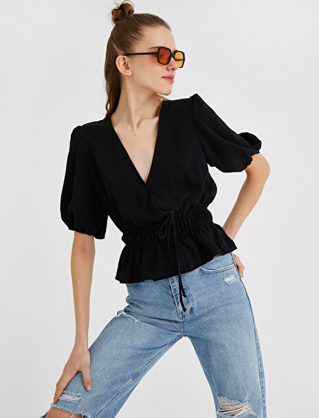 Koton Ole Genç Kız Balon Kollu V Yaka Fırfırlı Bluz