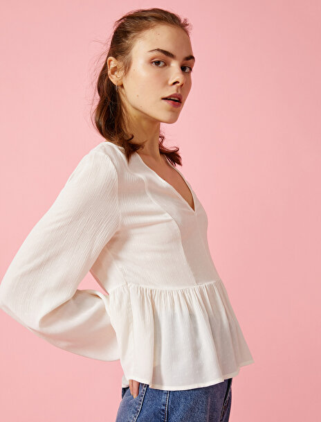 Koton Kadın Crop Bluz Uzun Kollu  V Yaka Pamuklu