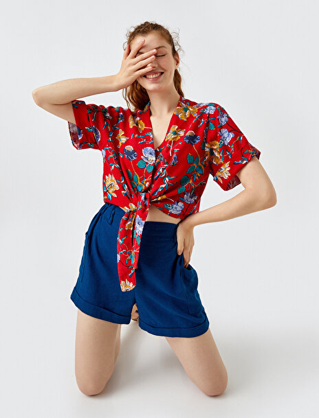 Koton Ole Genç Kız Çiçekli Gömlek Keten  Kısa Kollu Belden Bağlamalı