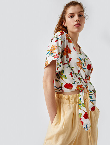 Koton Ole Genç Kız Çiçekli Gömlek Keten  Kısa Kollu Belden Bağlamalı