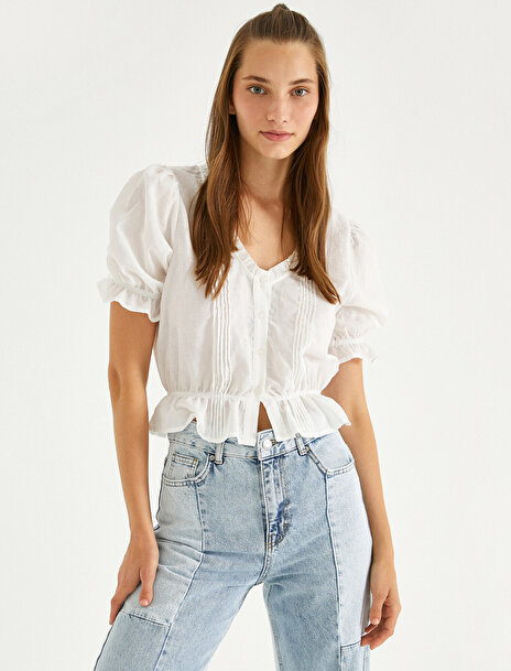 Koton Kadın Fırfırlı Bluz Düğme Detaylı
