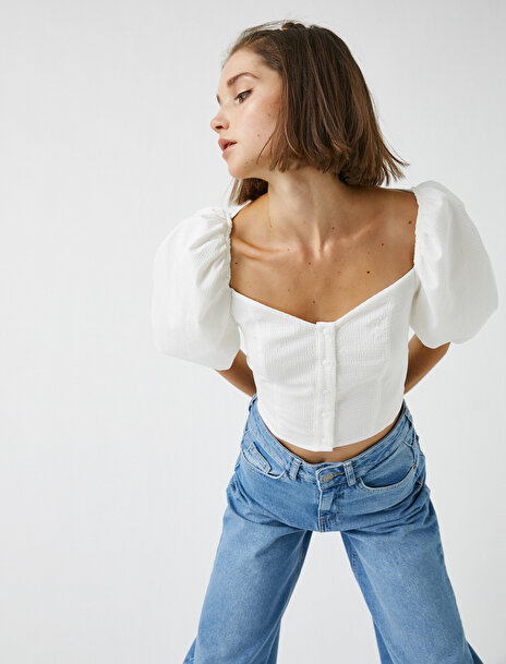 Koton Ole Genç Kız Kısa Balon Kollu Kalp Yaka Bluz