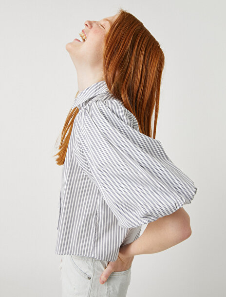 Koton Kadın Balon Kol Bluz Çizgili Gömlek Yaka Pamuklu