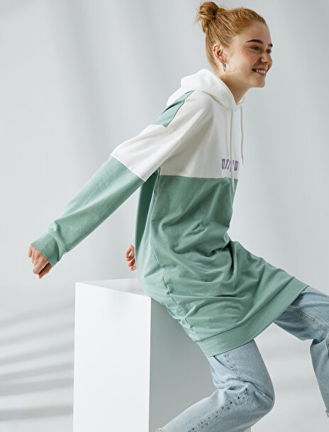 Koton Kadın Kapüşonlu Sweatshirt Renk Bloklu Sloganlı Uzun Koton Kadın Kapüşonlu Sweatshirt Renk Bloklu Sloganlı Uzun