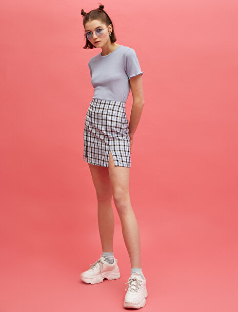 Koton Ole Genç Kız Yırtmaçlı Kareli Mini Etek