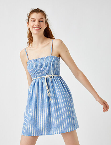 Koton Ole Genç Kız Keten Elbise Çizgili Kemerli