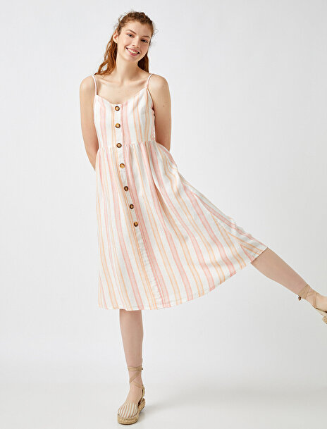 Koton Ole Genç Kız Keten Elbise Düğme Detaylı