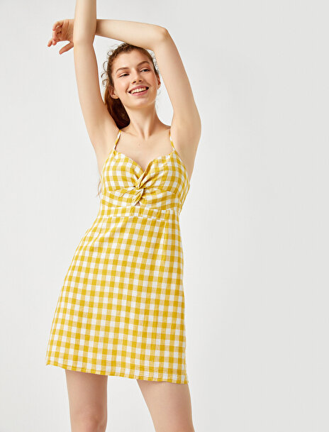 Koton Ole Genç Kız Keten Elbise Kareli Düğüm  Detaylı