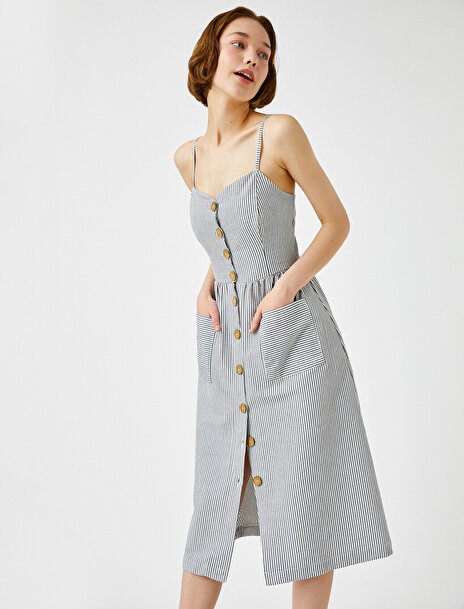 Koton Ole Genç Kız Çizgili Elbise Askılı Düğmeli Pamuklu