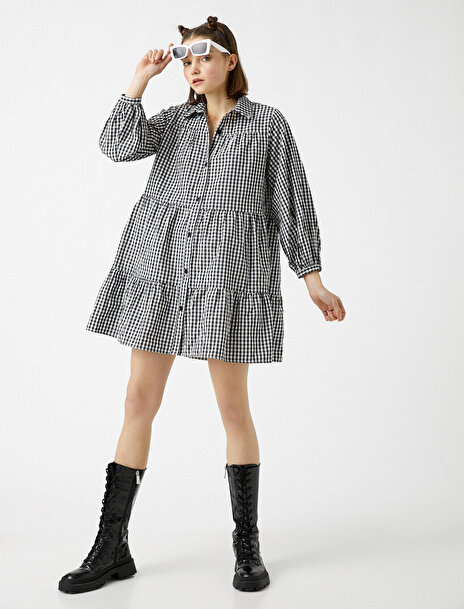 Koton Ole Genç Kız Gömlek Yaka Uzun Kollu Kareli Kısa Elbise