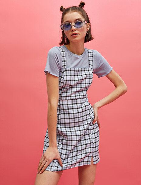 Koton Ole Genç Kız Yırtmaç Detaylı Kareli Kısa Elbise