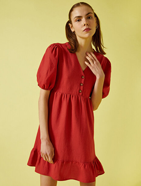 Koton Kadın Kısa Kollu Elbise V Yaka Düğme Detaylı