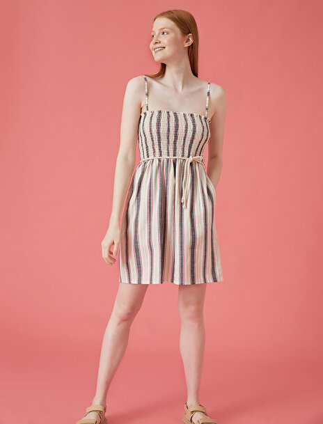 Koton Ole Genç Kız Çizgili Elbise Askılı Kemerli Pamuklu Mini