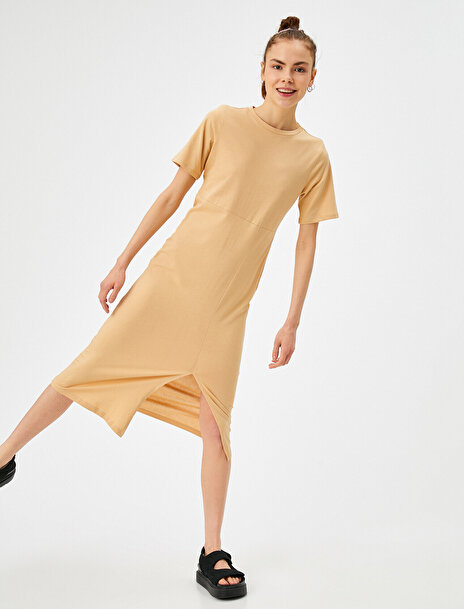 Koton Ole Genç Kız Yırtmaçlı Elbise Bisiklet Yaka Kısa Kollu Pamuklu