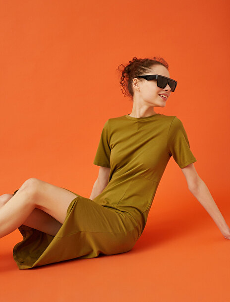 Koton Ole Genç Kız Yırtmaçlı Elbise Bisiklet Yaka Kısa Kollu Pamuklu