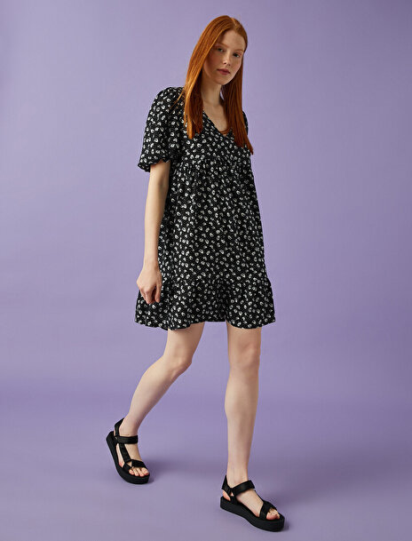 Koton Ole Genç Kız Çiçekli Yazlık Elbise V Yaka Balon Kollu