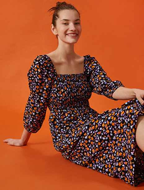 Koton Kadın Çiçekli Elbise Kare Yaka Uzun Kollu