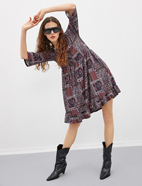 Koton Kadın Şal Desenli Elbise 3/4 Kol Mini