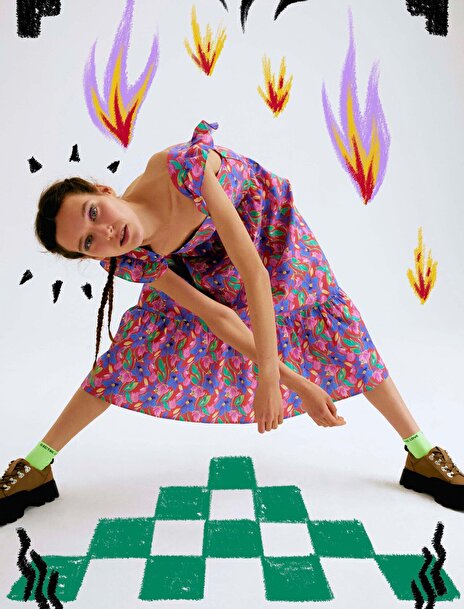 Koton Ole Genç Kız Çiçek Desenli Kolları Fırfırlı Midi Elbise