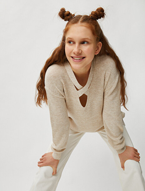 Koton Ole Genç Kız Yaka Detaylı Uzun Kollu Kazak