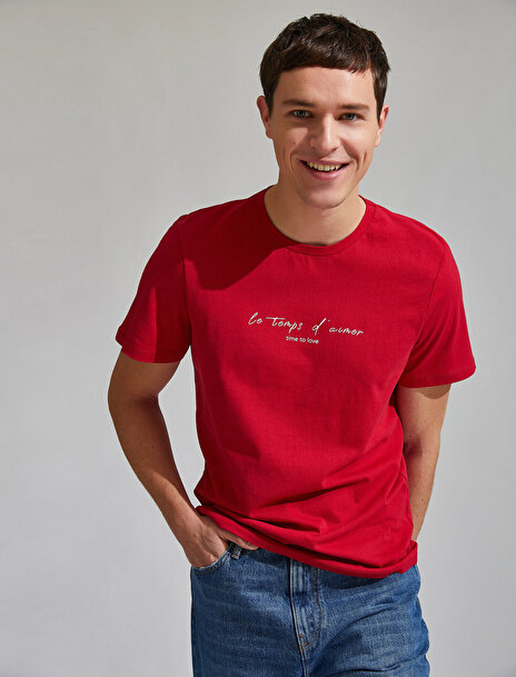 Koton Erkek Kısa Kollu Tişört Pamuklu Bisiklet Yaka Yazı Baskılı