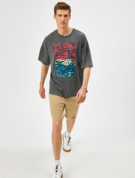 Koton Erkek Baskılı Tişört Bisiklet Yaka Pamuklu Oversize