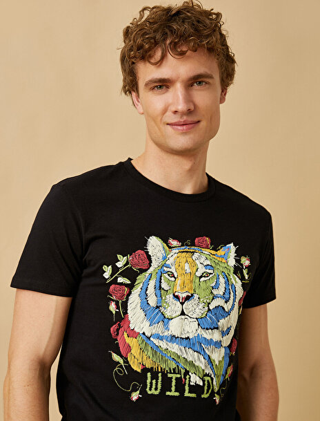 Koton Erkek Kaplan İşlemeli Tişört Pamuklu