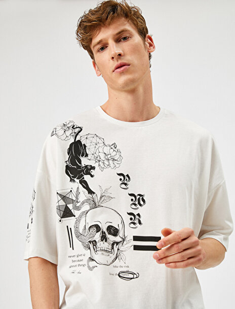 Koton Erkek Baskılı Tişört Bisiklet Yaka Pamuklu Oversize