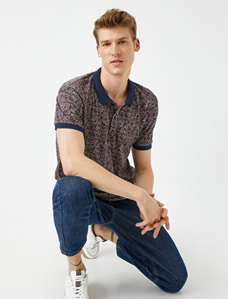 Koton Erkek Polo Yaka Tişört Desenli Pamuklu Kısa Kollu