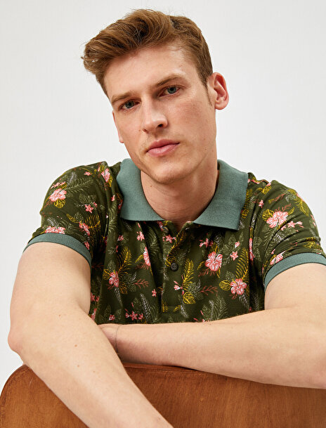 Koton Erkek Polo Yaka Tişört Çiçekli Pamuklu Kısa Kolu