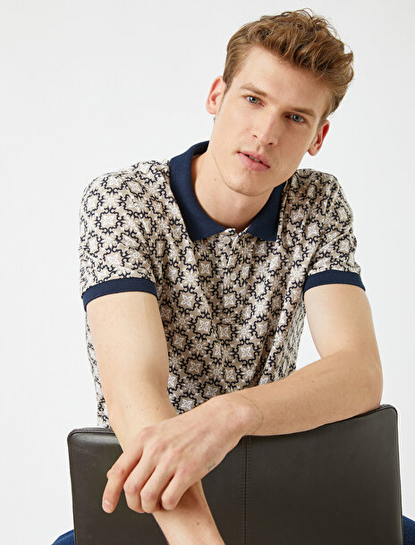 Koton Erkek Polo Yaka Tişört Desenli Pamuklu Kısa Kollu