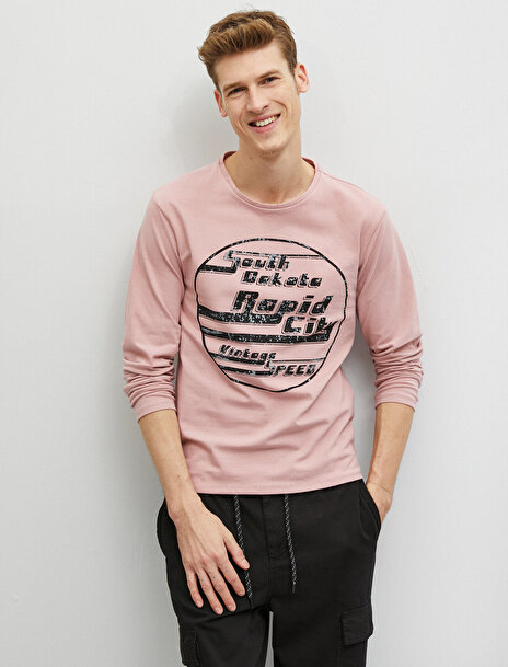 Koton Erkek Pamuklu Yazılı Baskılı Bisiklet Yaka Uzun Kollu Tişört