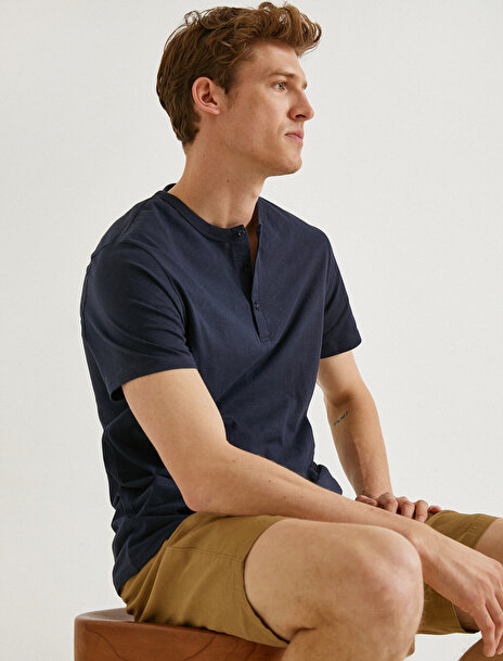 Koton Erkek Kısa Kollu Tişört Düğmeli Pamuklu