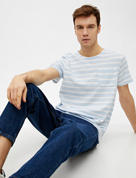 Koton Erkek Çizgili Cepli Bisiklet Yaka Kısa Kollu Tişört