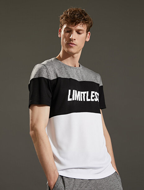 Koton Erkek Kısa Kollu Tişört Renk Bloklu Yazılı Baskılı Bisiklet Yaka