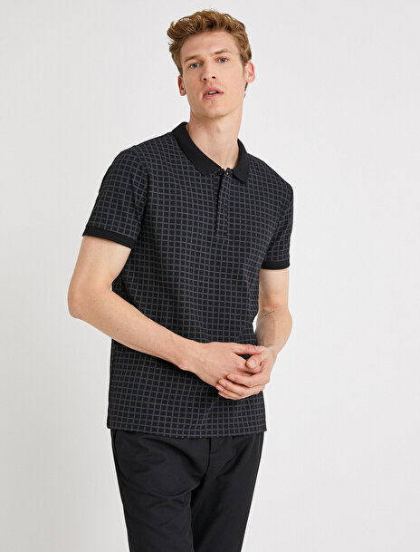 Koton Erkek Polo Yaka Tişört Kareli Pamuklu Slim Fit