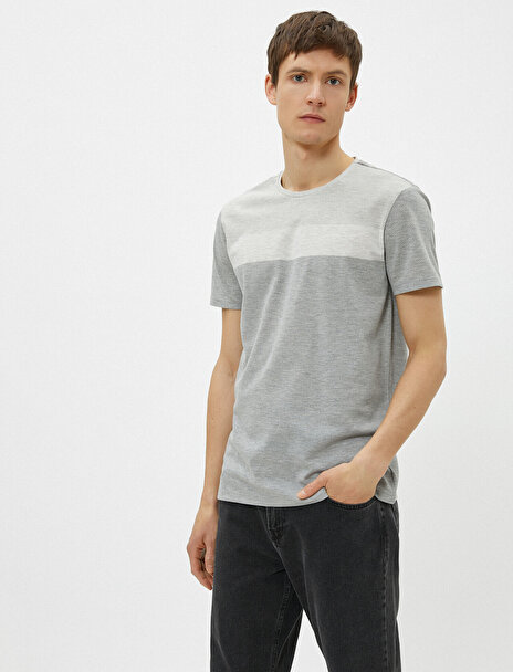 Koton Erkek Kısa Kollu Tişört Renk Bloklu Pamuklu Bisiklet Yaka