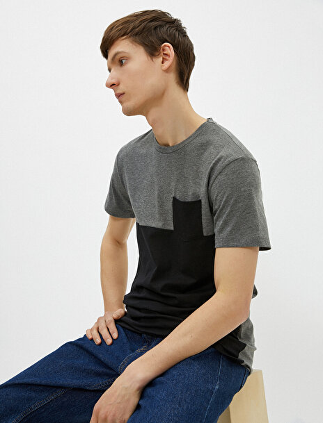 Koton Erkek Kısa Kollu Tişört Bisiklet Yaka Renk Bloklu Cepli Pamuklu