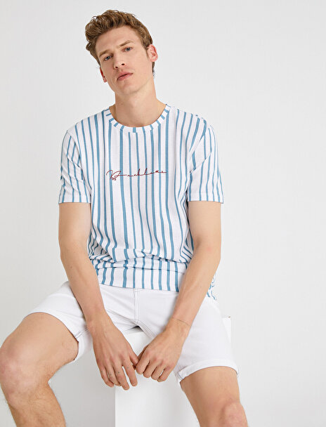 Koton Erkek Çizgili Tişört Kısa Kollu Pamuklu Yazılı
