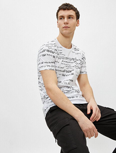 Koton Erkek Yazılı Tişört Pamuklu Kısa Kollu Bisiklet Yaka