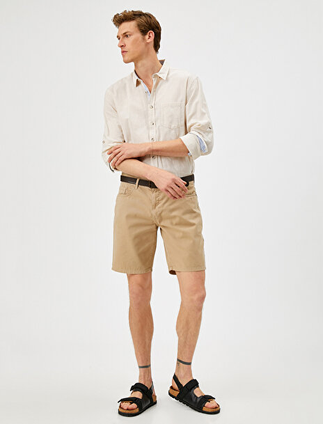 Koton Erkek Kemerli Şort Gabardin Kumaş 5 Cepli Pamuklu