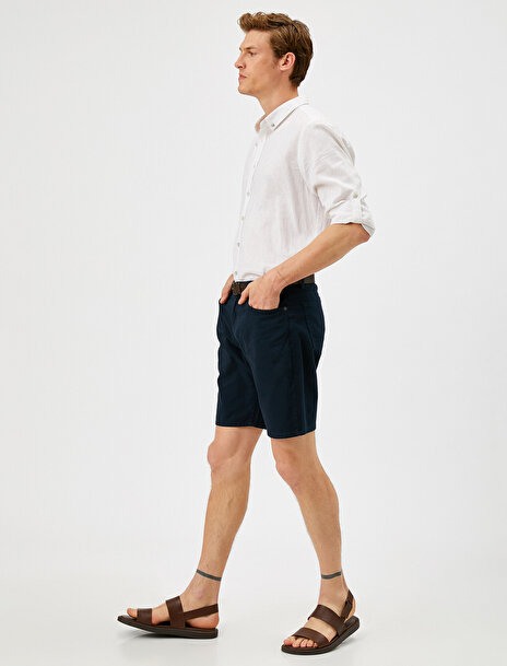 Koton Erkek Kemerli Şort Gabardin Kumaş 5 Cepli Pamuklu