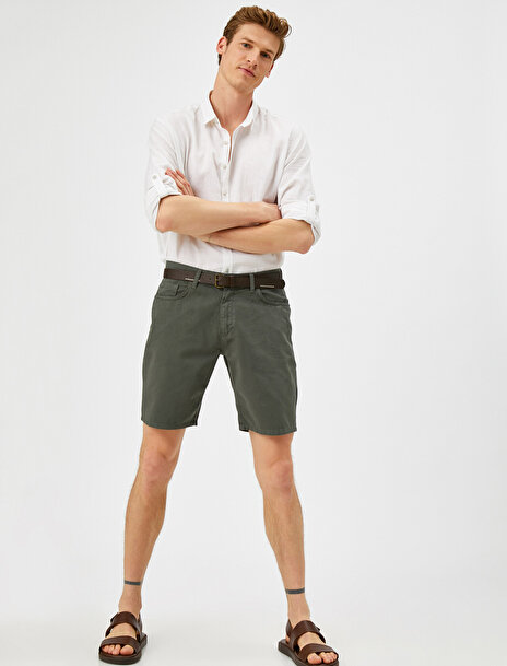 Koton Erkek Kemerli Şort Gabardin Kumaş 5 Cepli Pamuklu