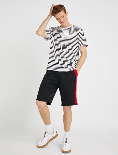 Koton Erkek Şeritli Şort Cepli Belden Bağlamalı Pamuklu