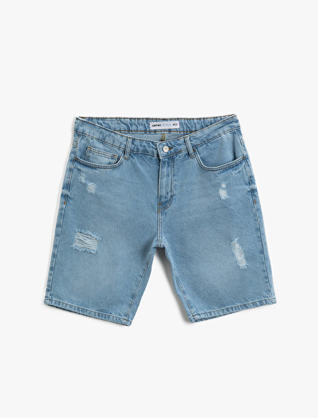 Koton Erkek Eskitilmiş Jean Şort Pamuklu
