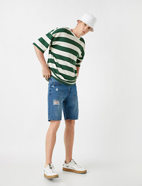 Koton Erkek Eskitilmiş Jean Şort Pamuklu