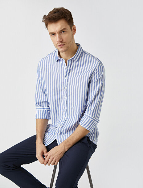 Koton Erkek Çizgili Gömlek Uzun Kollu Pamuklu