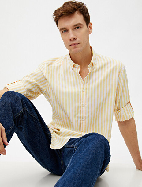 Koton Erkek Çizgili Pamuklu Klasik Yaka Uzun Kollu Gömlek